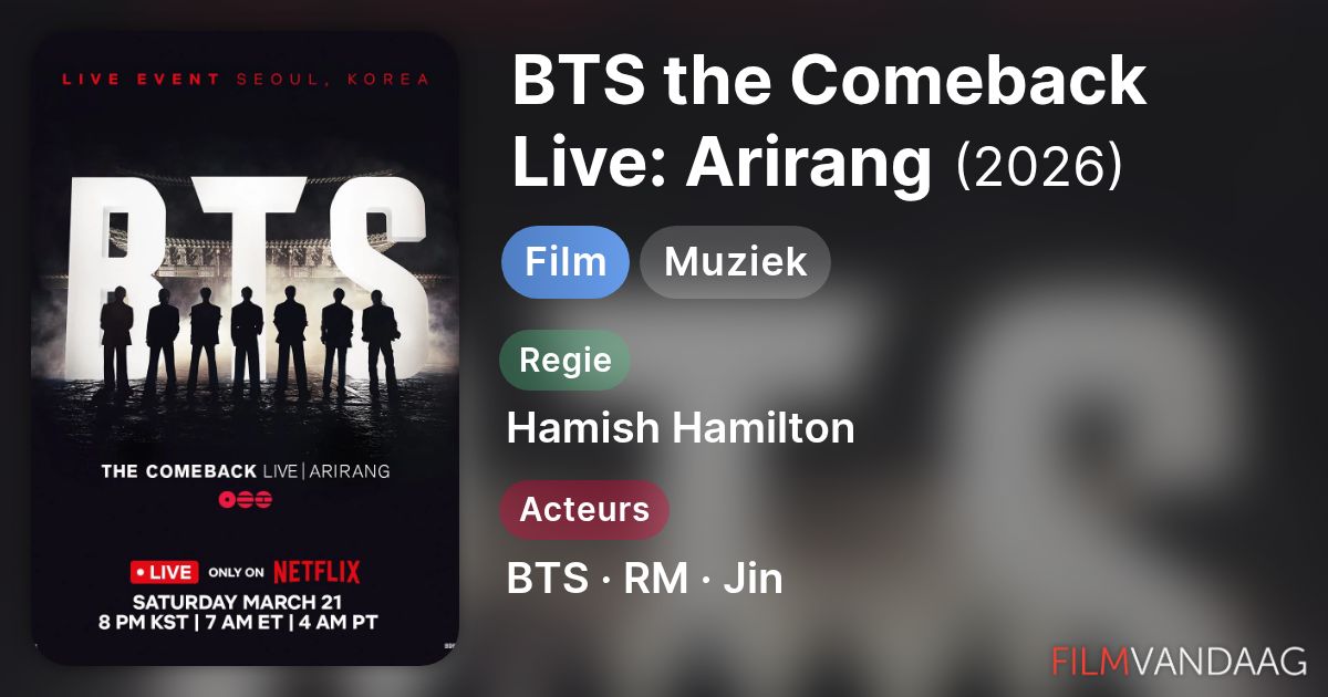 BTS the Comeback Live: Arirang (film, 2026) - FilmVandaag.nl